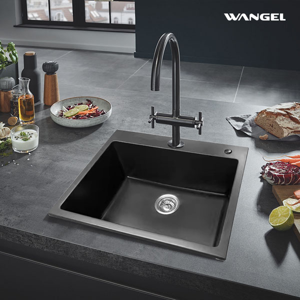 Single bowl kitchen sink Black composite granite square base quartz ...